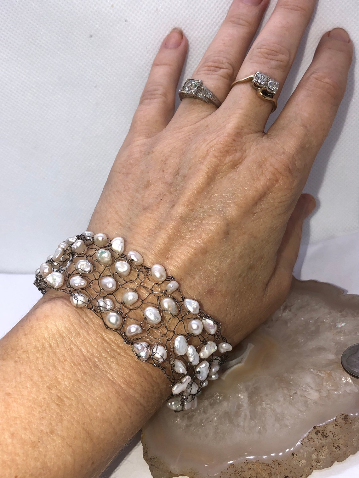 Vintage White Freshwater Pearls Sterling Silver Mesh Woven Etsy