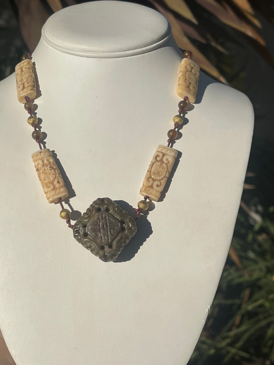 Antique Carved Nephrite Jade & Bone Necklace With Gold-tone Spacers ...