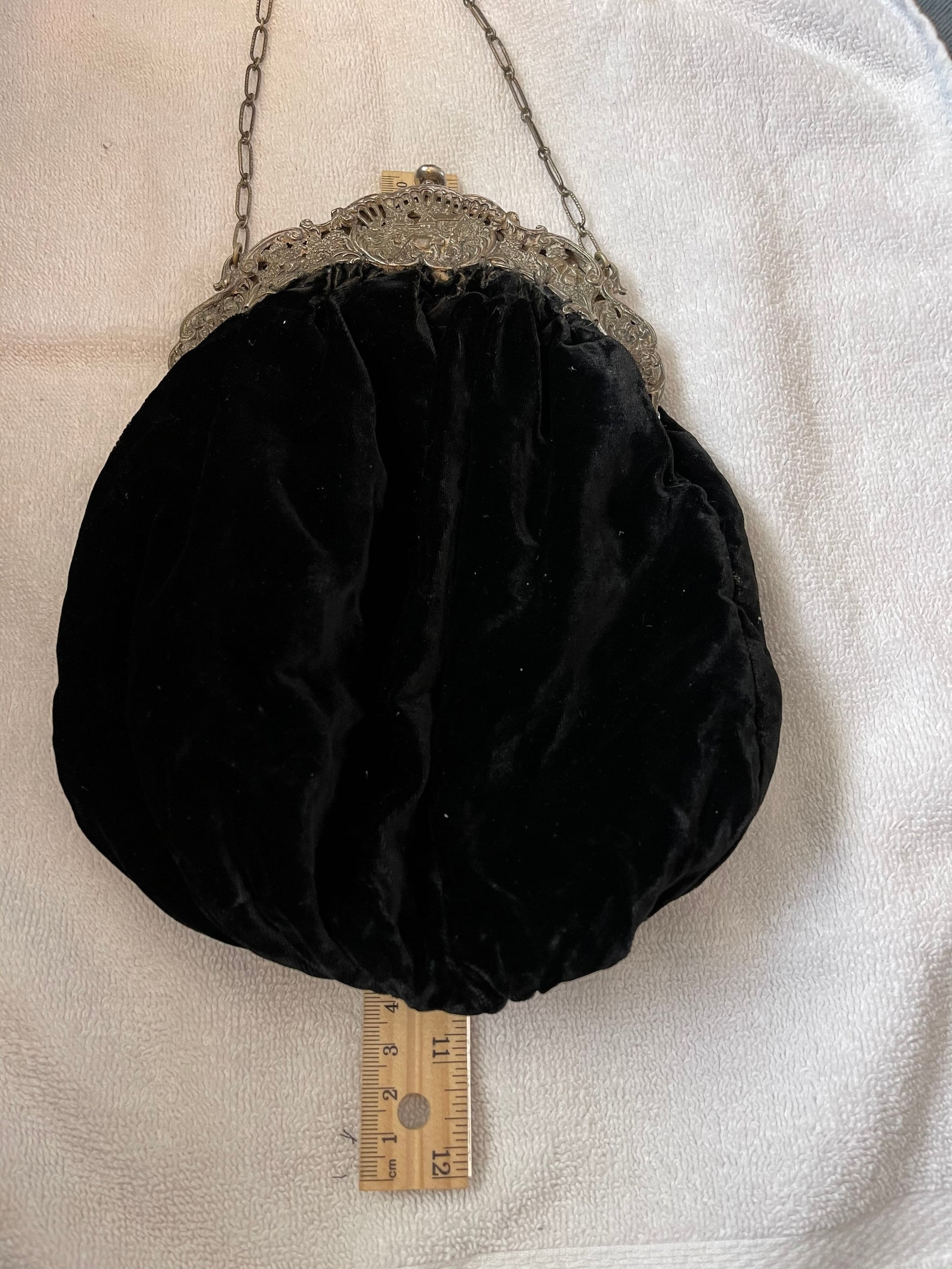 Victorian 1800s Black Velvet Hand Bag Silver Metal Frame Ornate Plunger ...