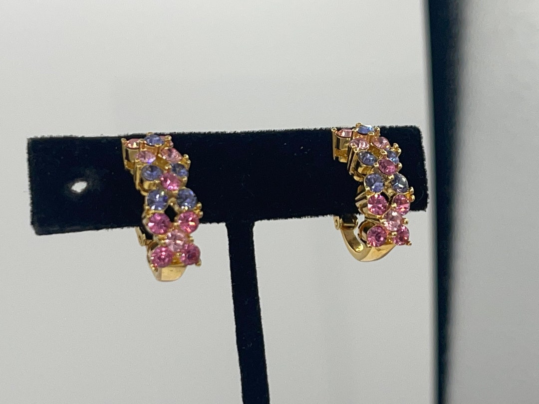 Vintage Designer Joan Rivers Pink & Purple Crystals Clip on Earrings ...