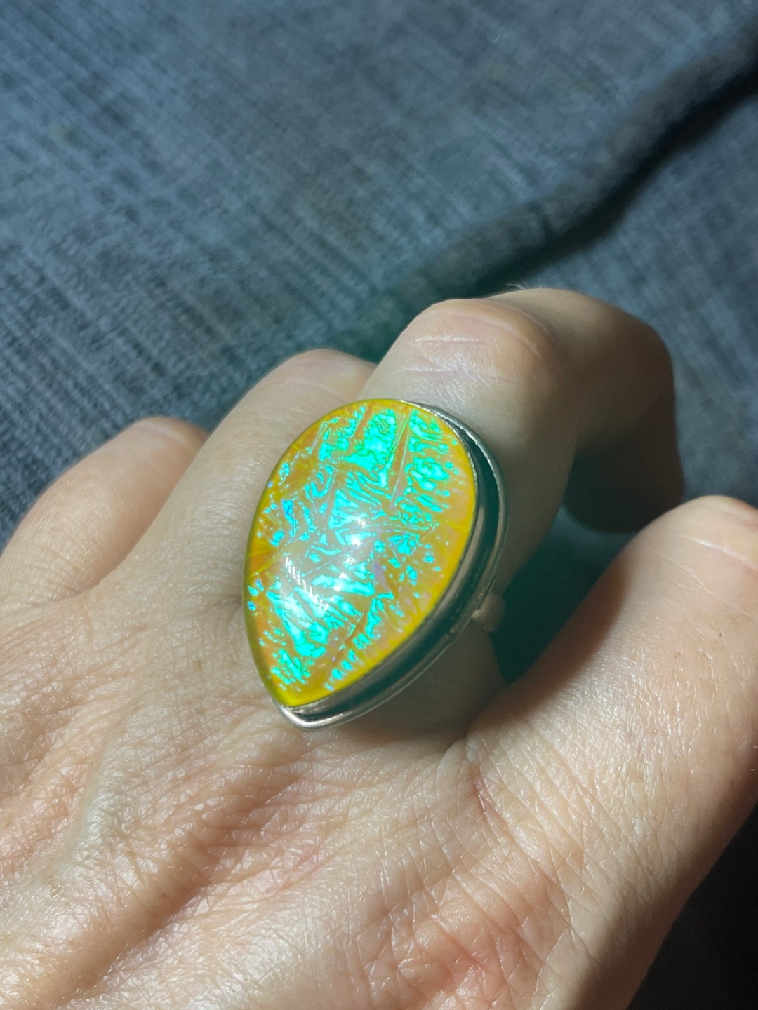 Vintage True Foil Glass Ring Huge Tear Drop Shaped Sterling Silver 925 ...