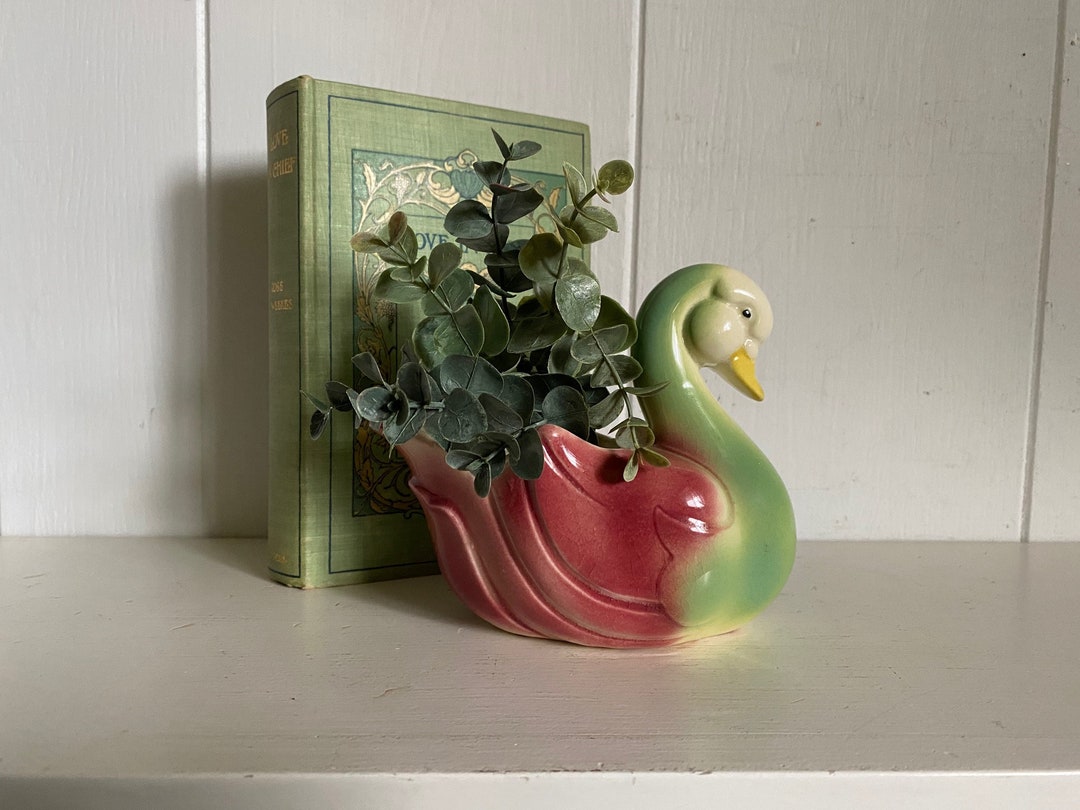 Vintage Multi Color Duck Pottery Planter, Green and Red Bird Flower Pot ...