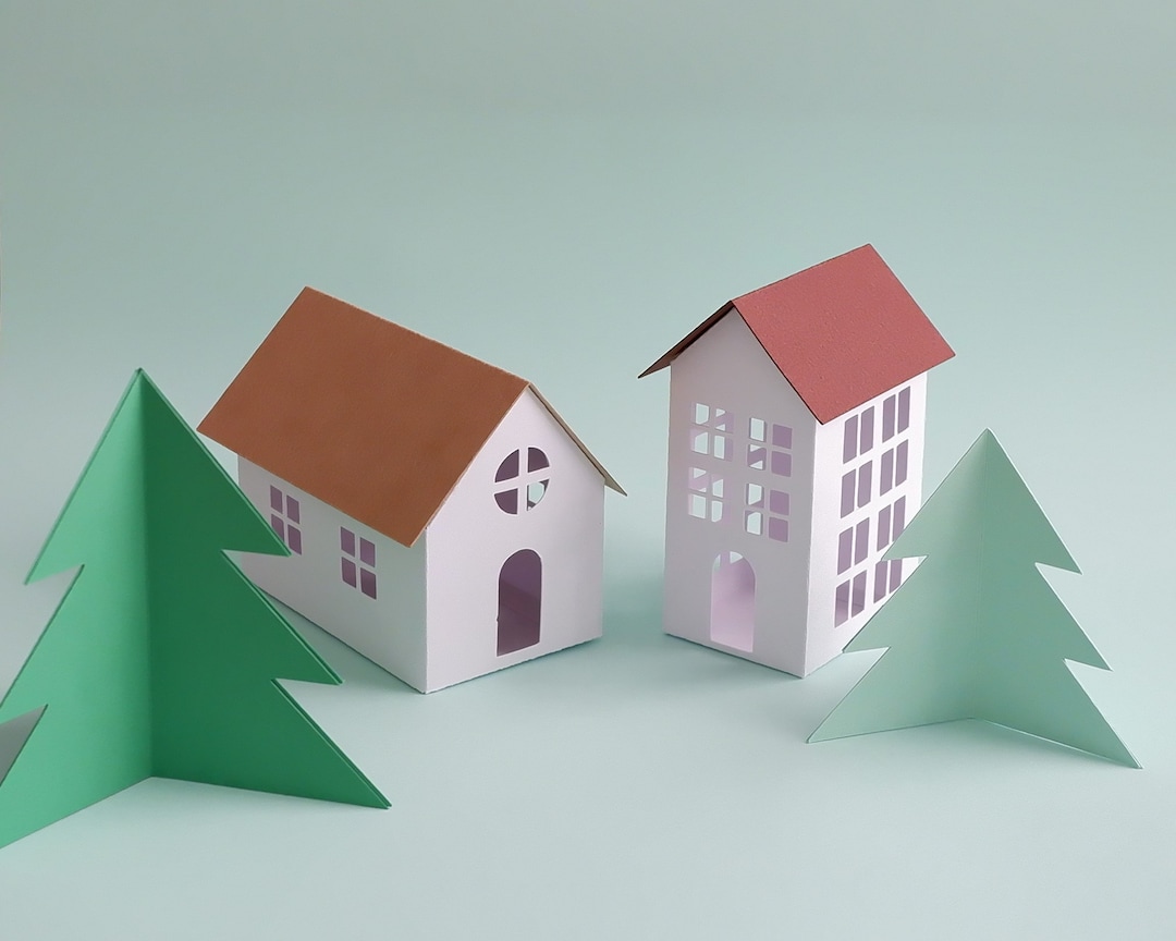 Set of 2 Paper 3D Christmas Houses Template SVG , 3D Christmas Trees ...