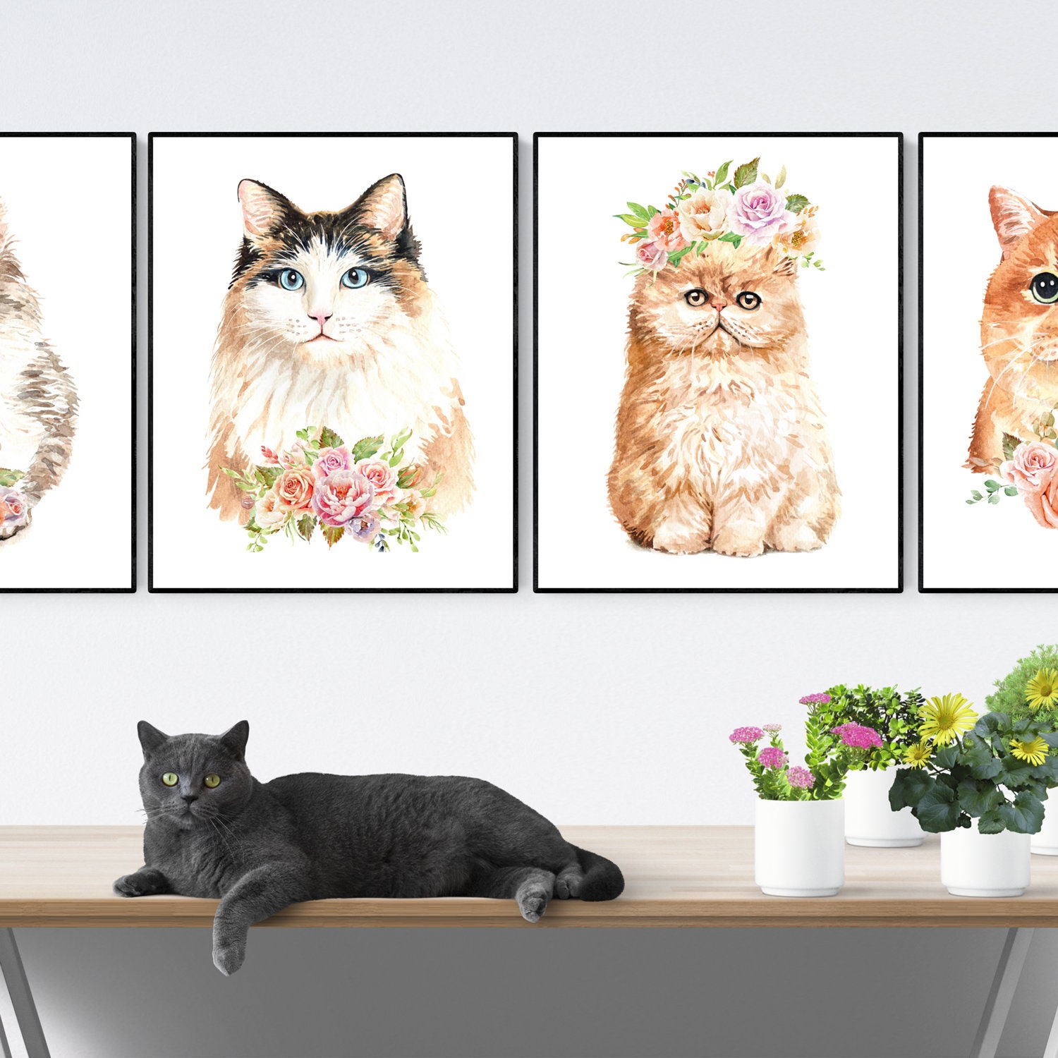 Cat Four Designs Digital Wall Art Cats With Flowers Floral Kitty ...