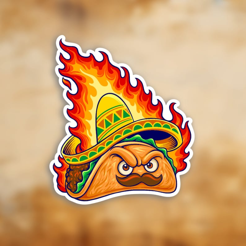 Taco Sticker, Frowning Taco Sticker, Flaming Taco With a Mustache ...