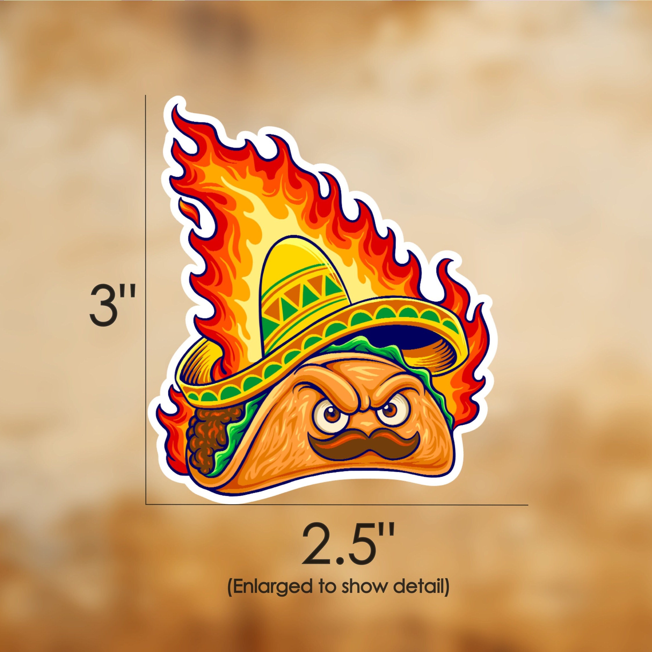 Taco Sticker, Frowning Taco Sticker, Flaming Taco With a Mustache ...