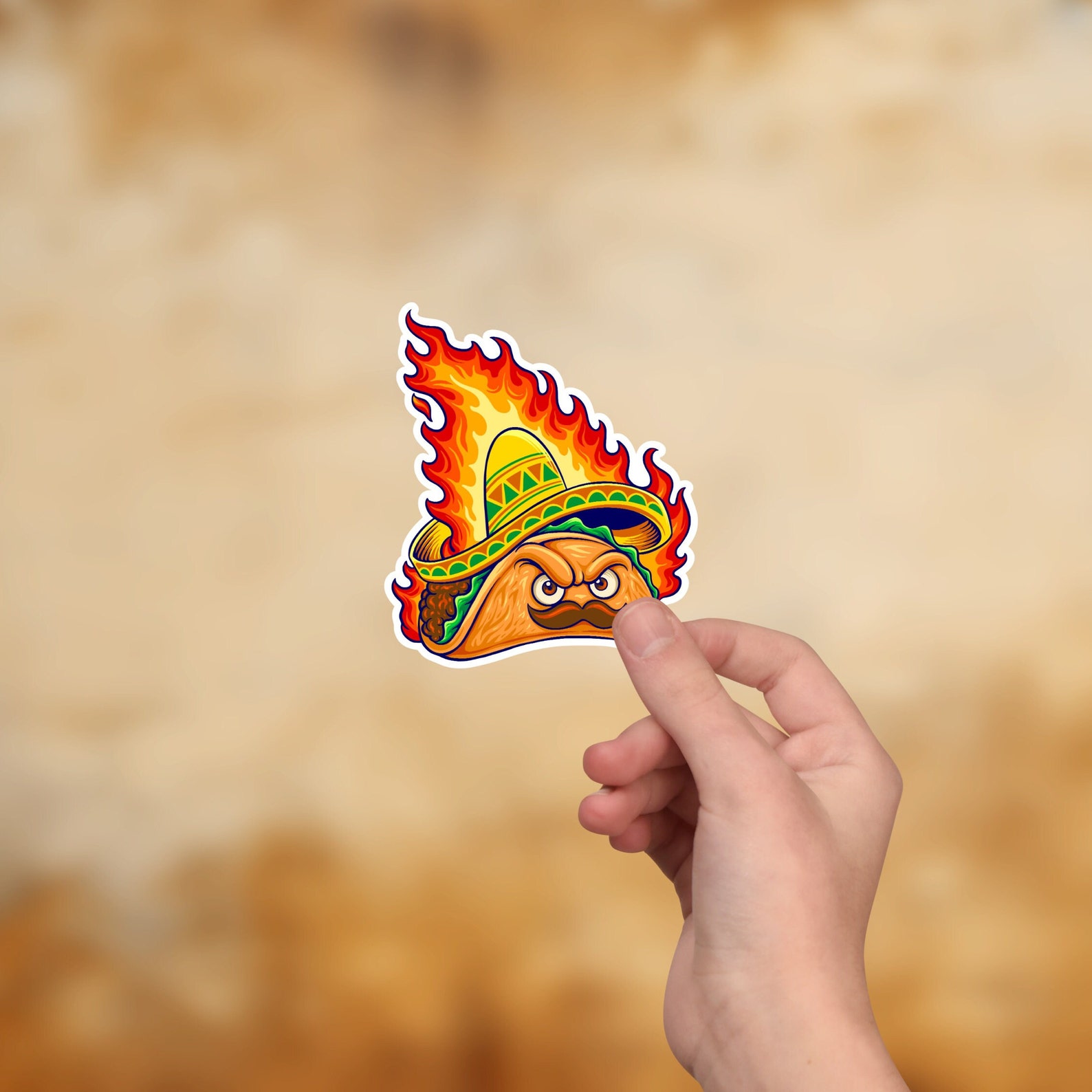 Taco Sticker, Frowning Taco Sticker, Flaming Taco With a Mustache ...