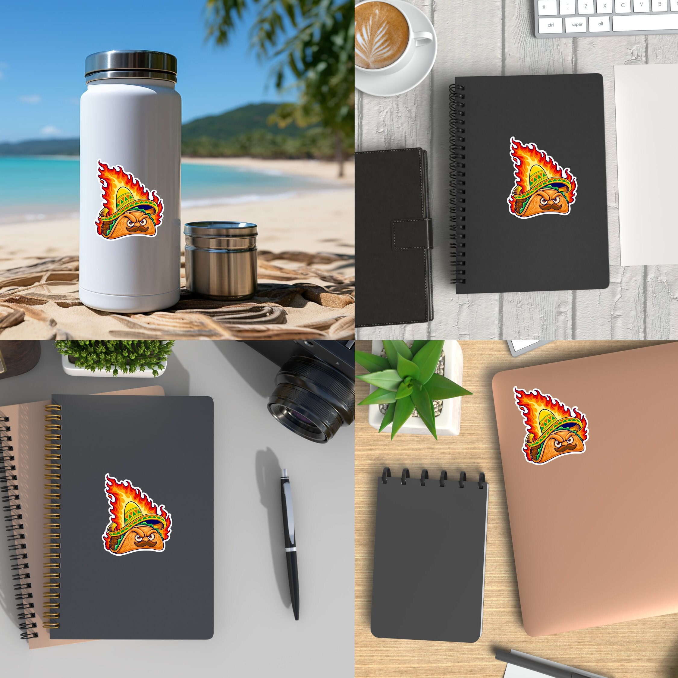 Taco Sticker, Frowning Taco Sticker, Flaming Taco With a Mustache ...