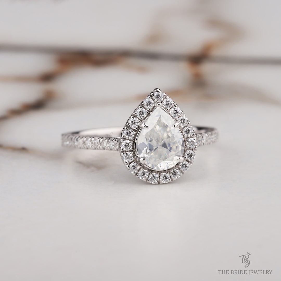 2CT Pear Cut Halo 14K Gold Engagement Ring Pear Shaped Wedding Ring Colorless Teardrop Accent ...