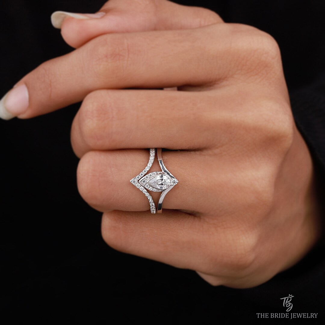 Pear Wedding Ring Set Solid 14k/18k White Gold Pear Shape Bridal Set ...