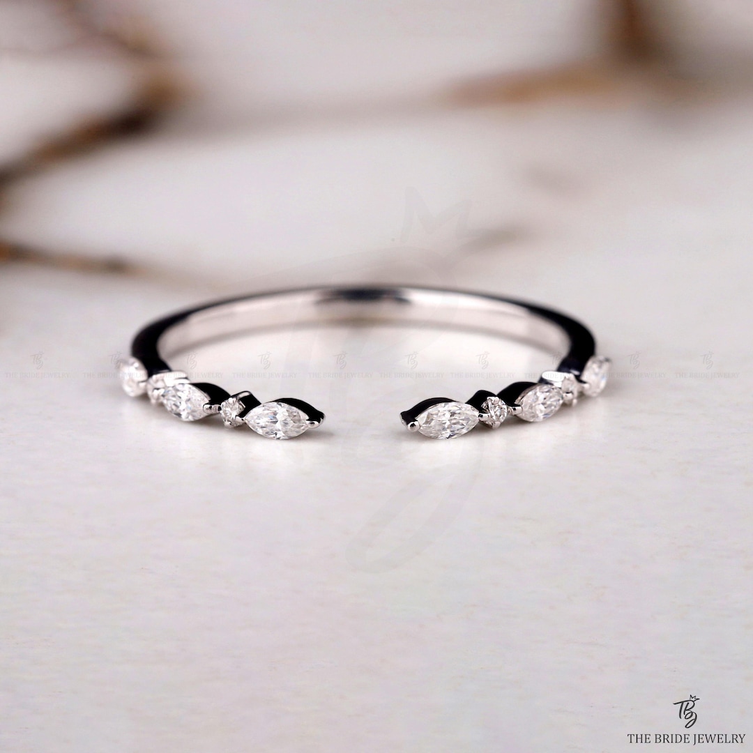 Minimalist Open Gap Wedding Band, Marquise and Round Moissanite Band ...