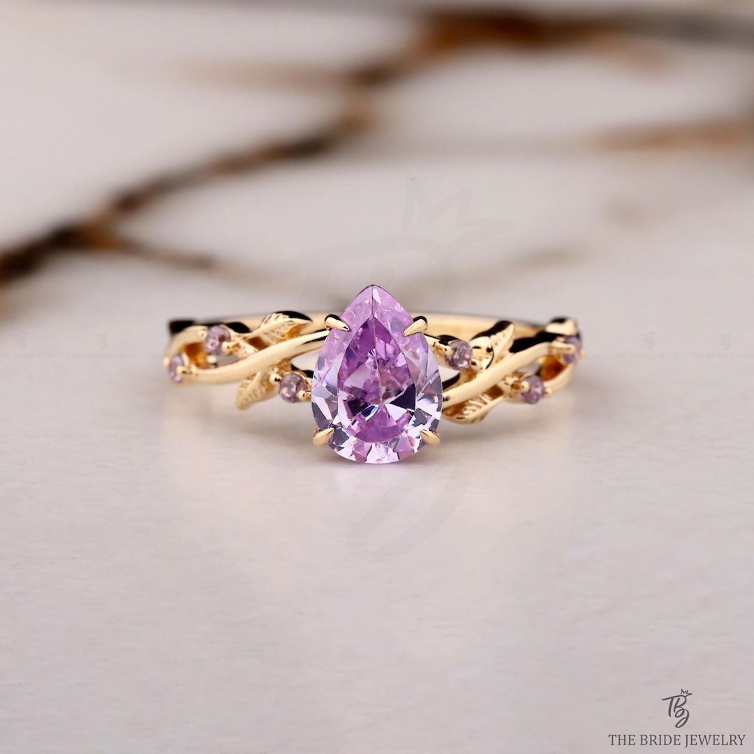 Unique Pear Shaped Amethyst Engagement Ring Yellow Gold Engagement Ring ...