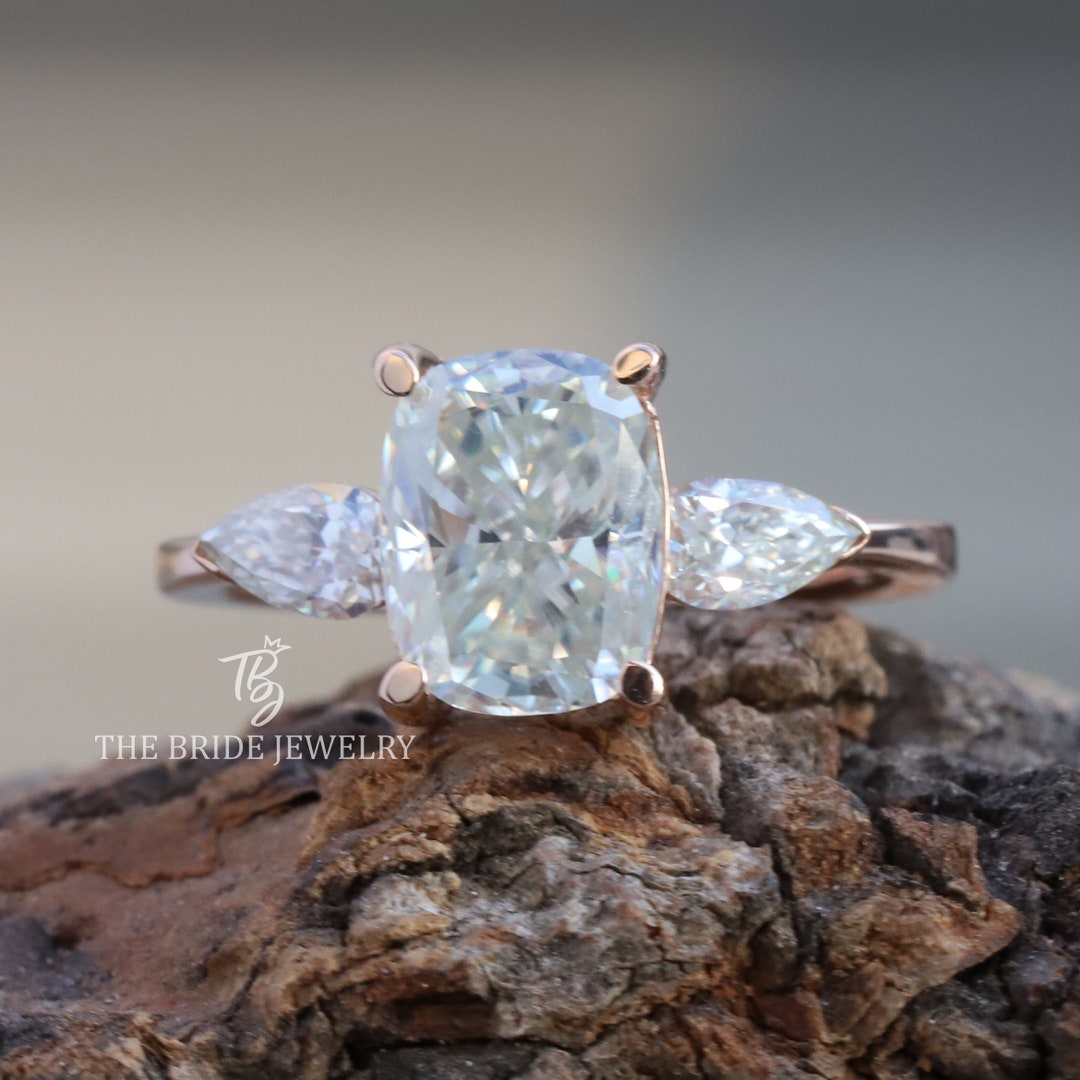 Three Stone Elongated Cushion Engagement Ring in 14K Solid Rose Gold ...