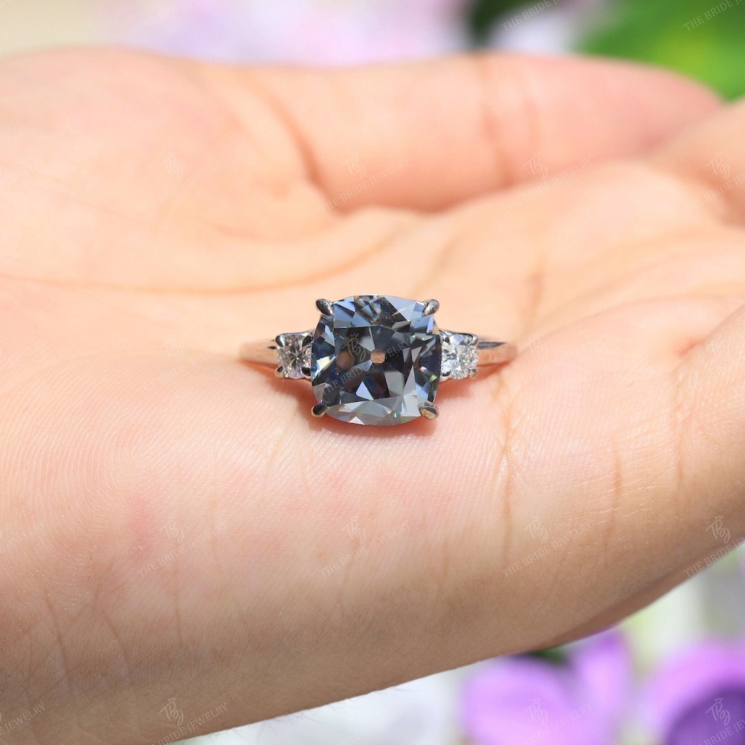 Three Stone Diamond Ring Old Mine Dark Grey Cushion Three Stone Ring ...