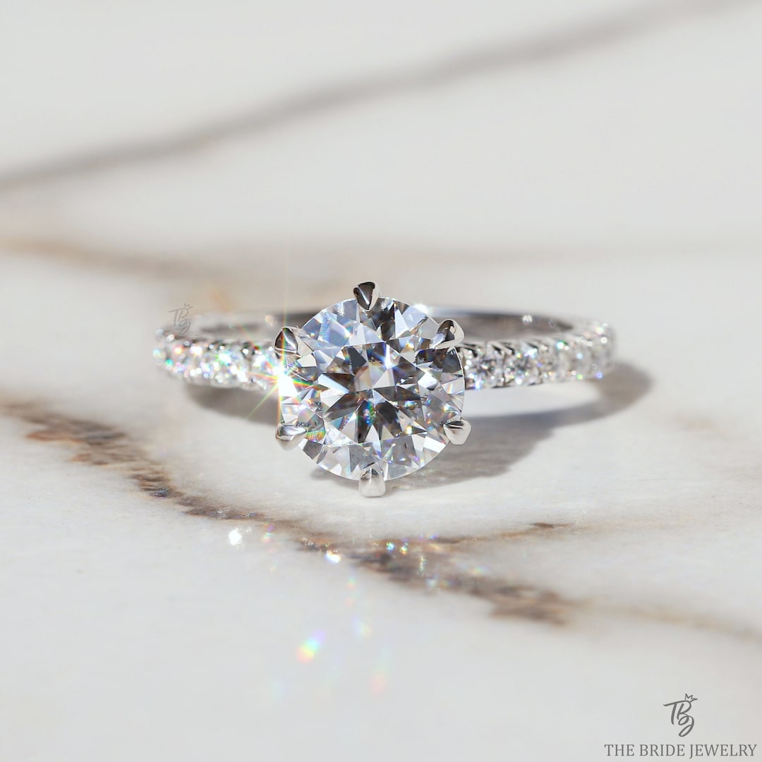 Six Prong Solitaire Engagement Ring 2CT Round Cut Colorless Moissanite ...