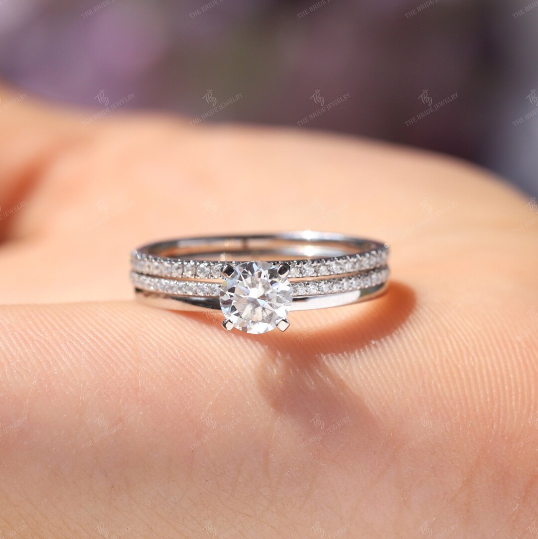 Round Bridal Ring Set - Colorless Diamond Wedding Set 3 Piece Bridal ...