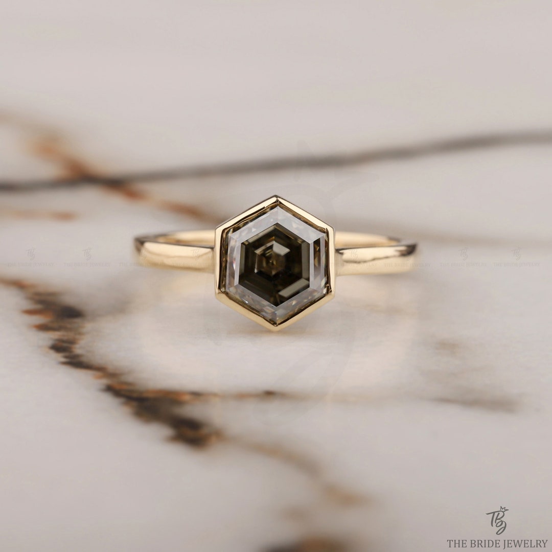 Bezel Set Hexagon Cut Grey-gray Moissanite Engagement Ring 14K Solid ...