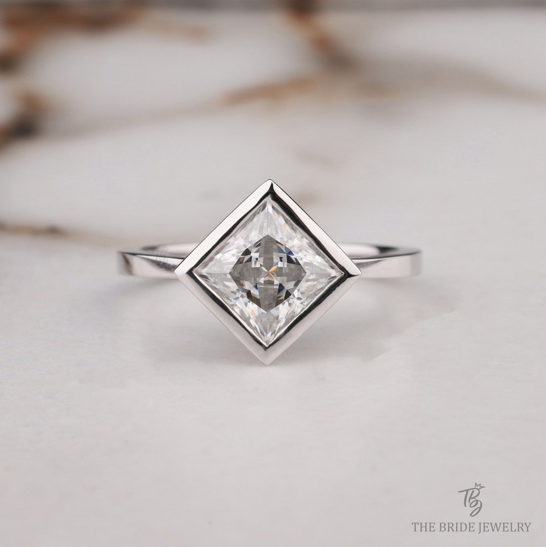 1.50ct Bezel Set Princess Cut Solitaire Ring Solid 14K White Gold ...