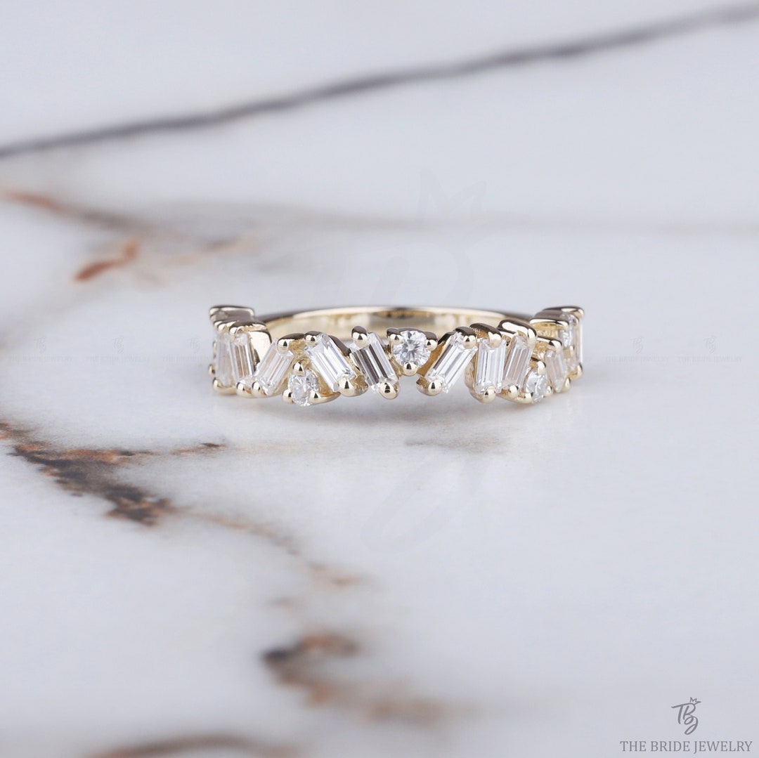 Baguette and Round Moissanite Garland Ring Stacking Wedding Band Half ...
