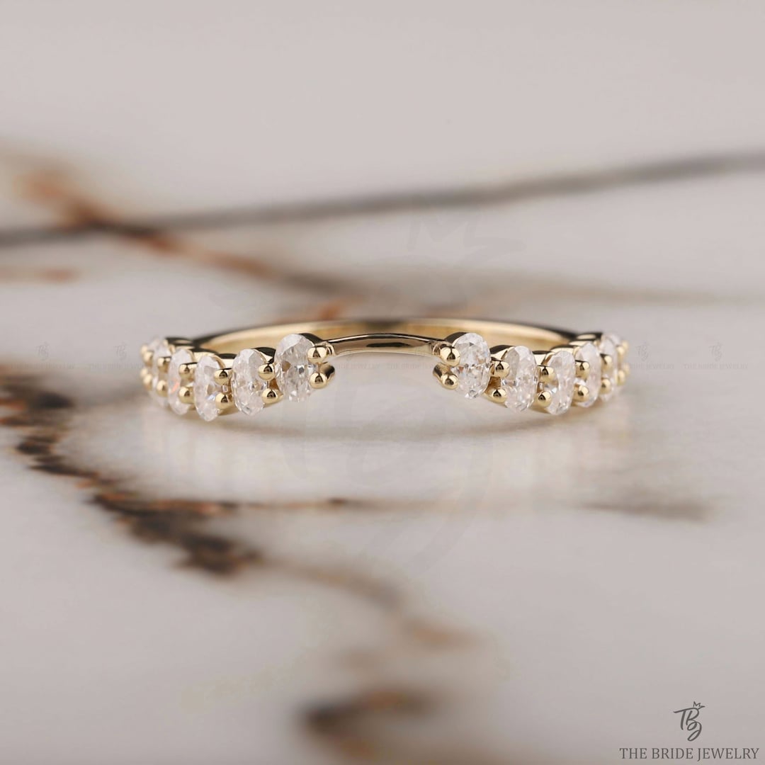 Oval Notched Wedding Band Oval Moissanite Half Eternity Band Curved ...