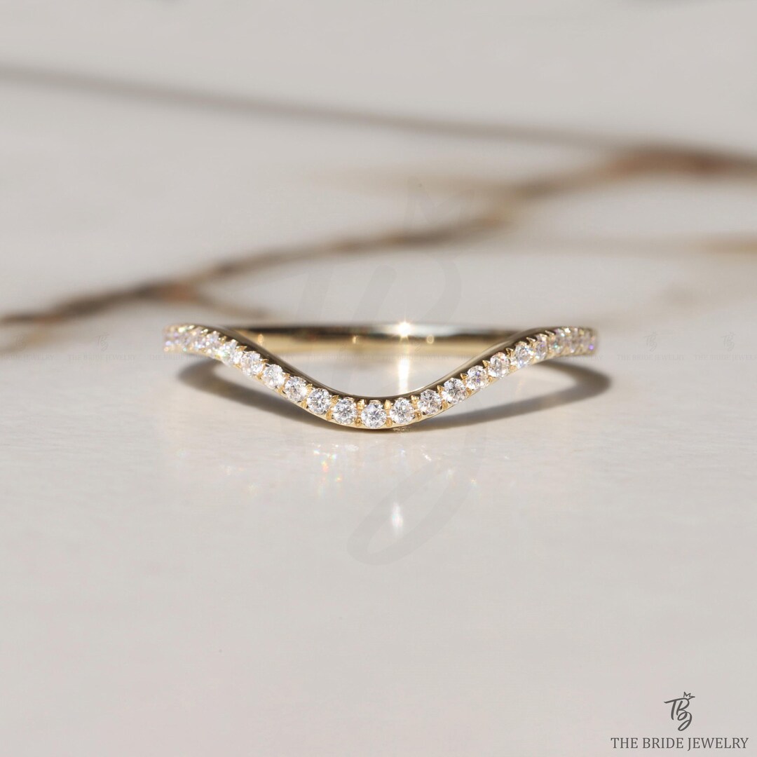 Curved Moissanite Band in Solid Yellow Gold Metal Matching Stackable Band 14k Solid Gold Curved ...