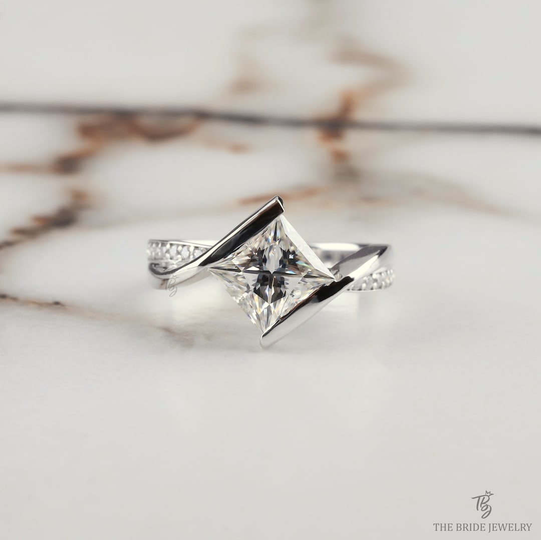 2CT Princess Moissanite Engagement Ring Bypass Shank Princess Bridal ...