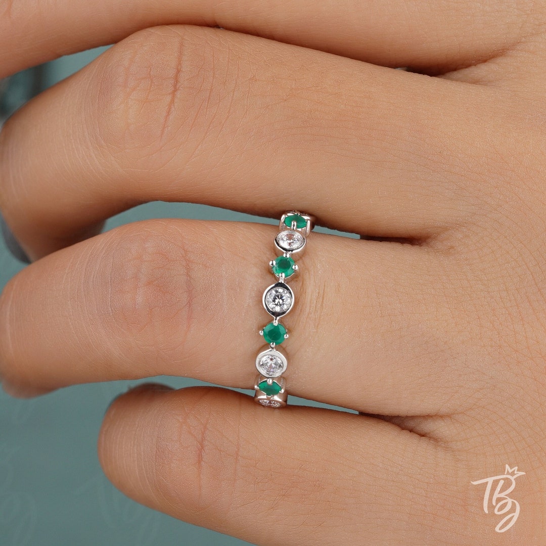 Green Emerald Ring Half Eternity Ring Bezel Set 14K Moissanite Wedding ...