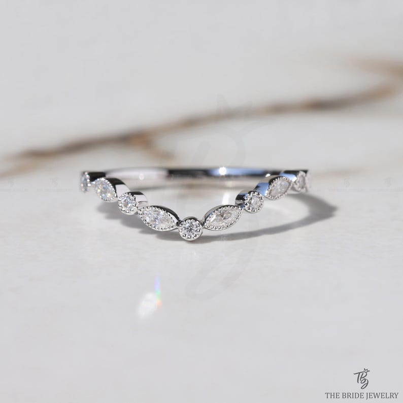 Women Moissanite Chevron Ring Vintage Half Eternity Band Art Deco V ...