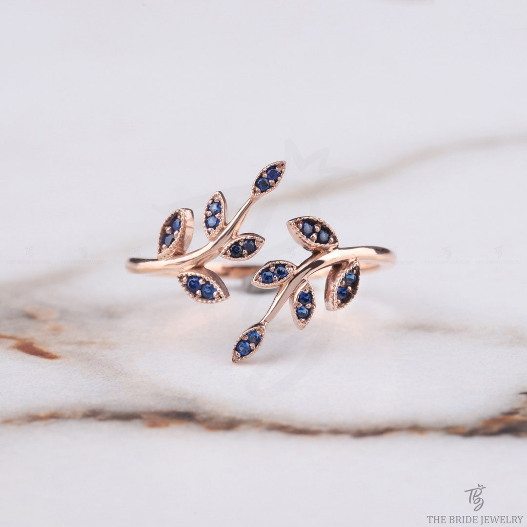 Nature Inspired Sapphire Leaf Rose Gold Bands Blue Sapphire Floral ...