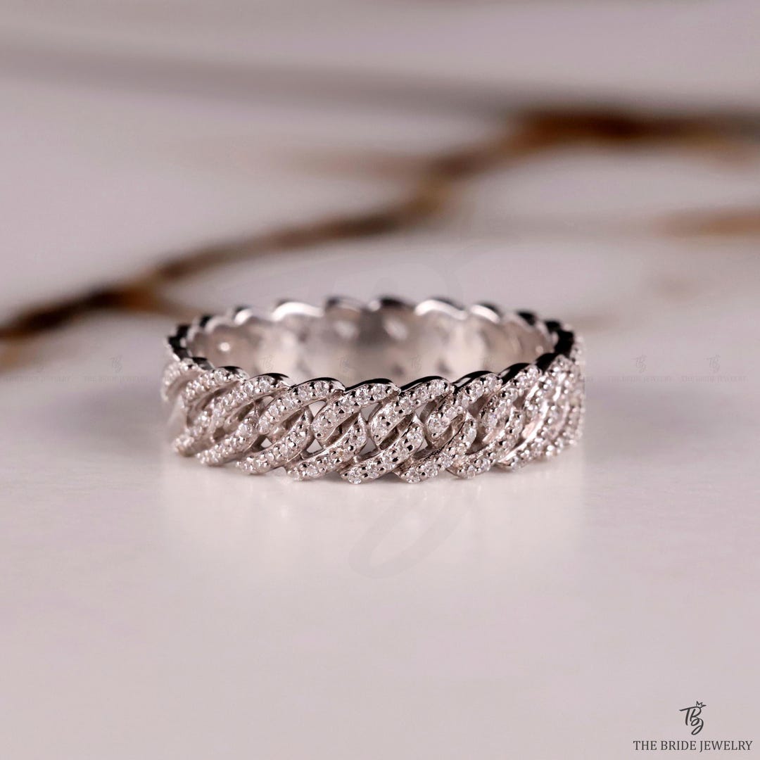 14k Solid Gold Diamond Pave Cuban Curb Link Wedding Band Stack Ring 5mm ...