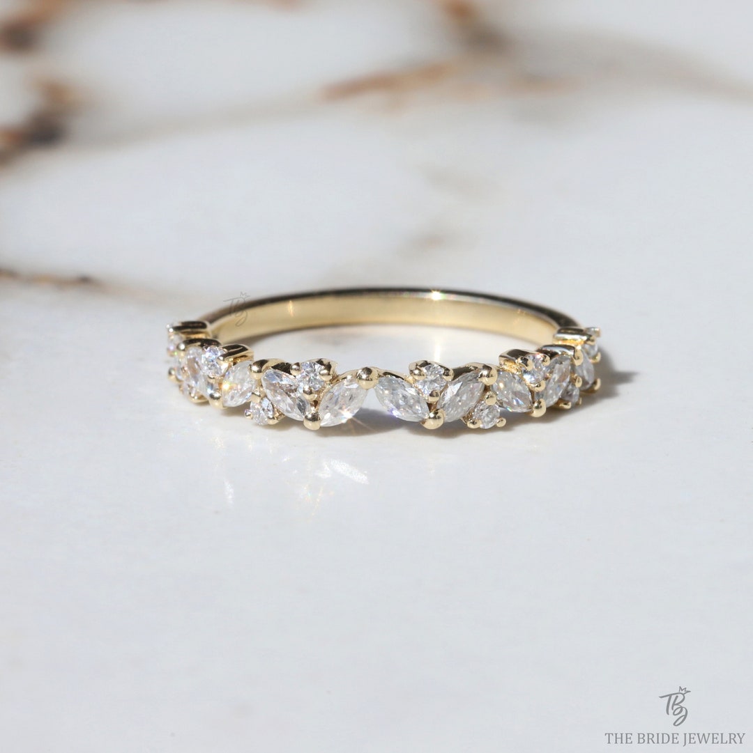 Vintage Moissanite Notch Wedding Band Marquise Moissanite Garland Ring ...