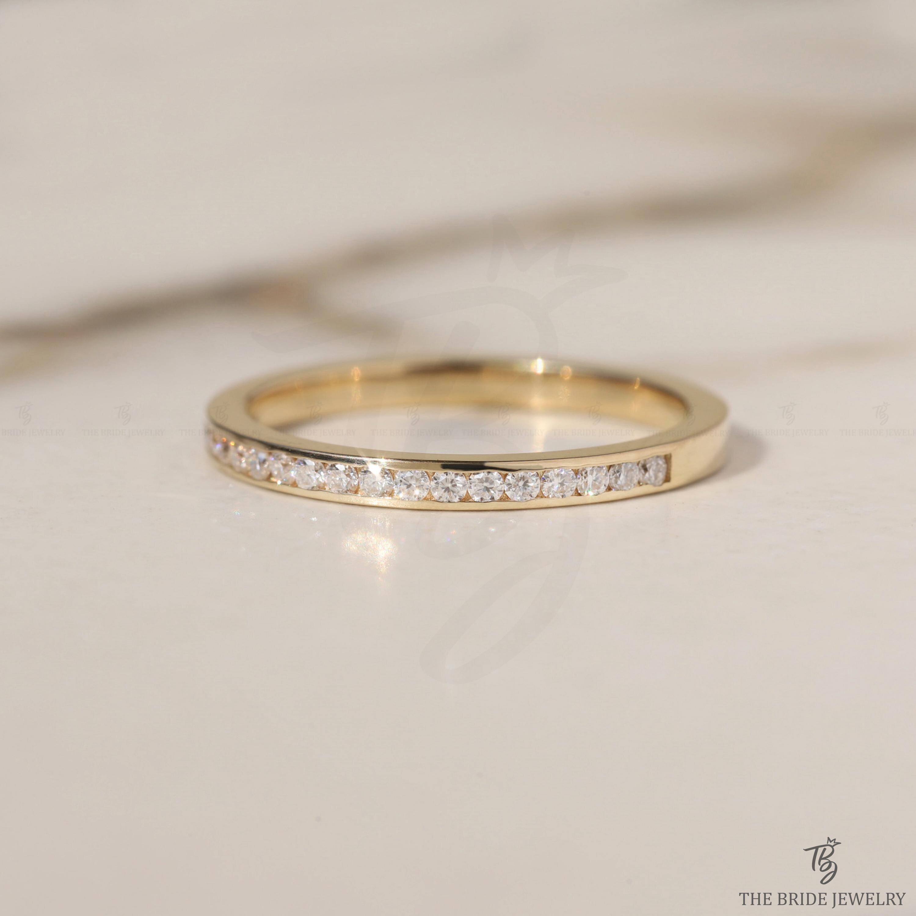 1.70mm Channel Set Stacking Band Moissanite Wedding Band Yellow Gold ...