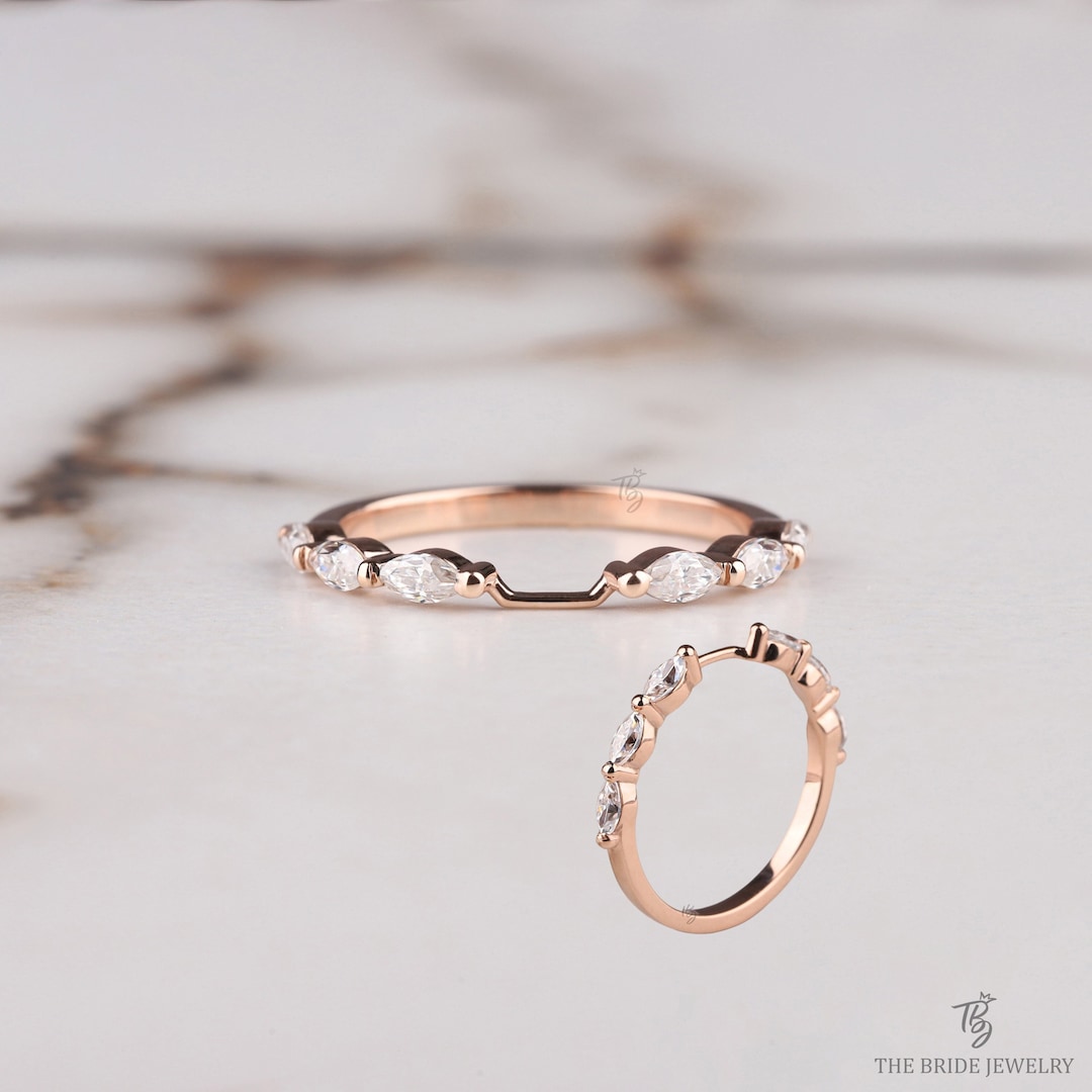 Marquise Cut Bubble Ring Notched Wedding Band, 14K Rose Gold Band, Half Eternity Bubble Prong ...