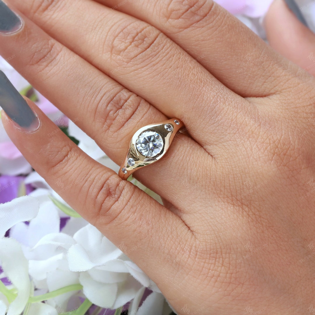 Gypsy Ring, Flush Set Round Cut Moissanite Unique Wedding Ring, Round ...