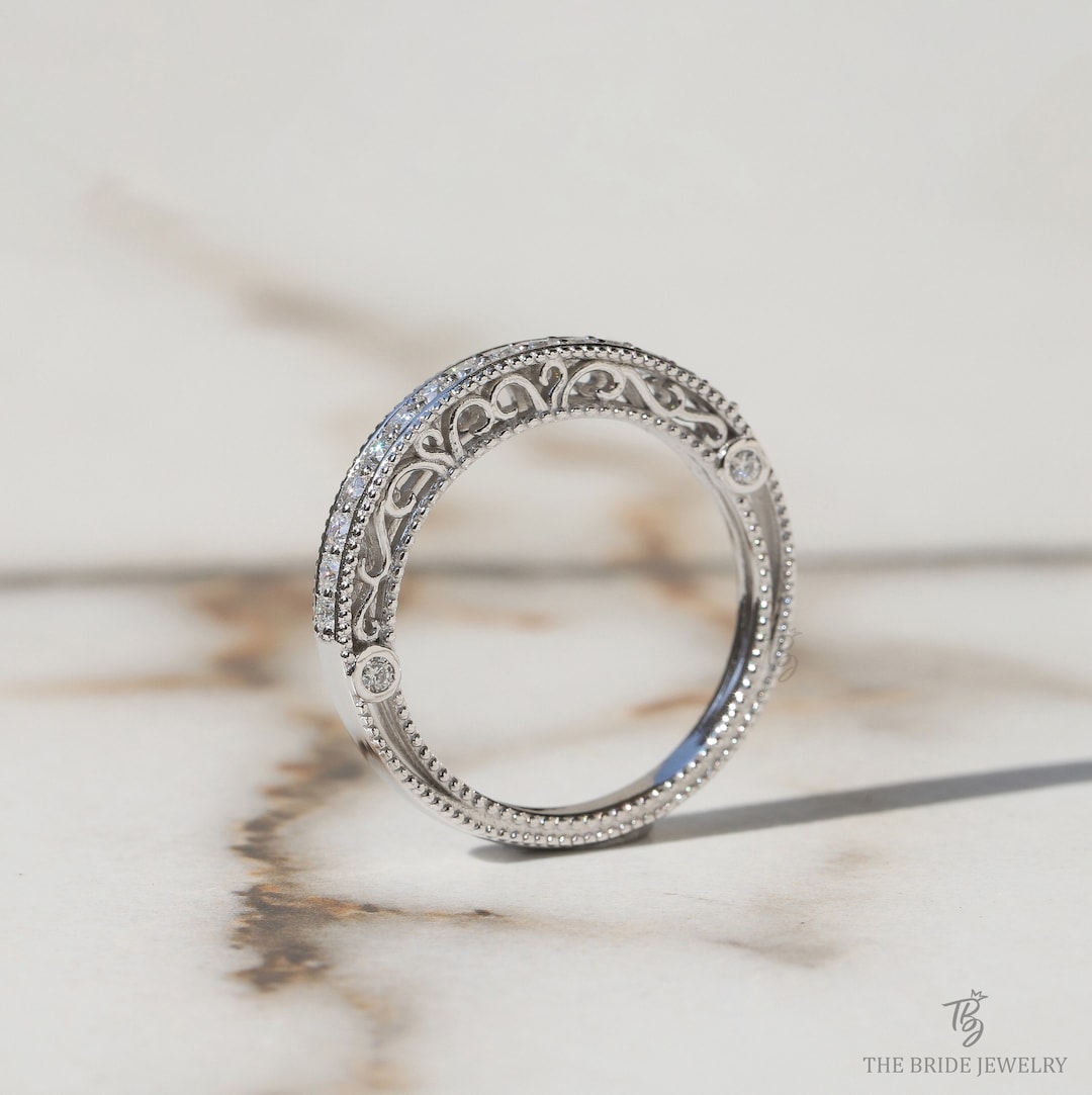 Art Deco Wedding Band White Gold Vintage Ring Half Eternity Band Cathedral Milgrain Ring Bridal ...