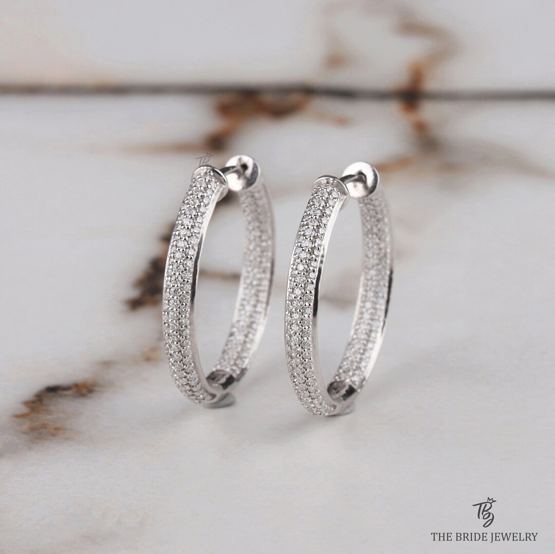 3 Row Hoop Earrings Mini Moissanite Hoops Three Row Inside Out Round ...
