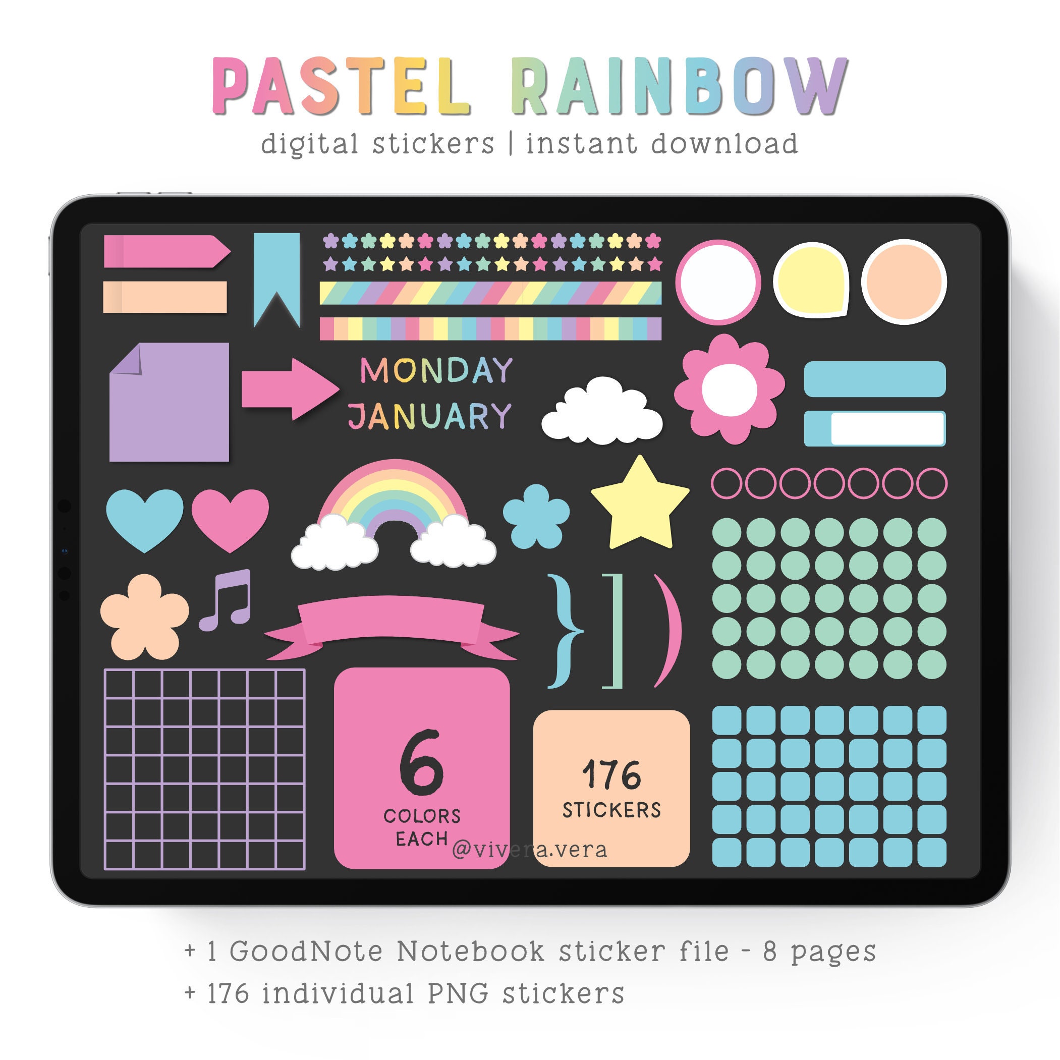 Digital Stickers - Pastel Rainbow Dream - 176 Stickers - Sticky Notes ...