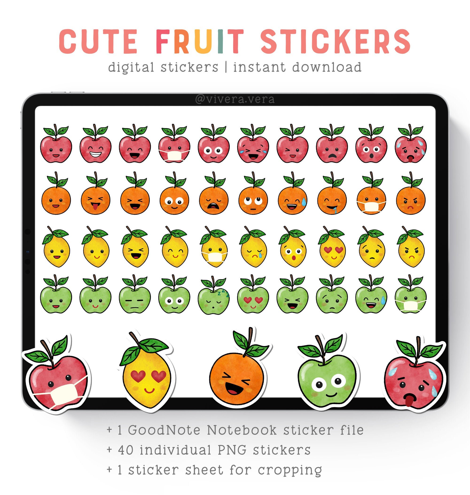 Digital Stickers - Cute Fruit Stickers With Emotions - Goodnotes | PNG ...