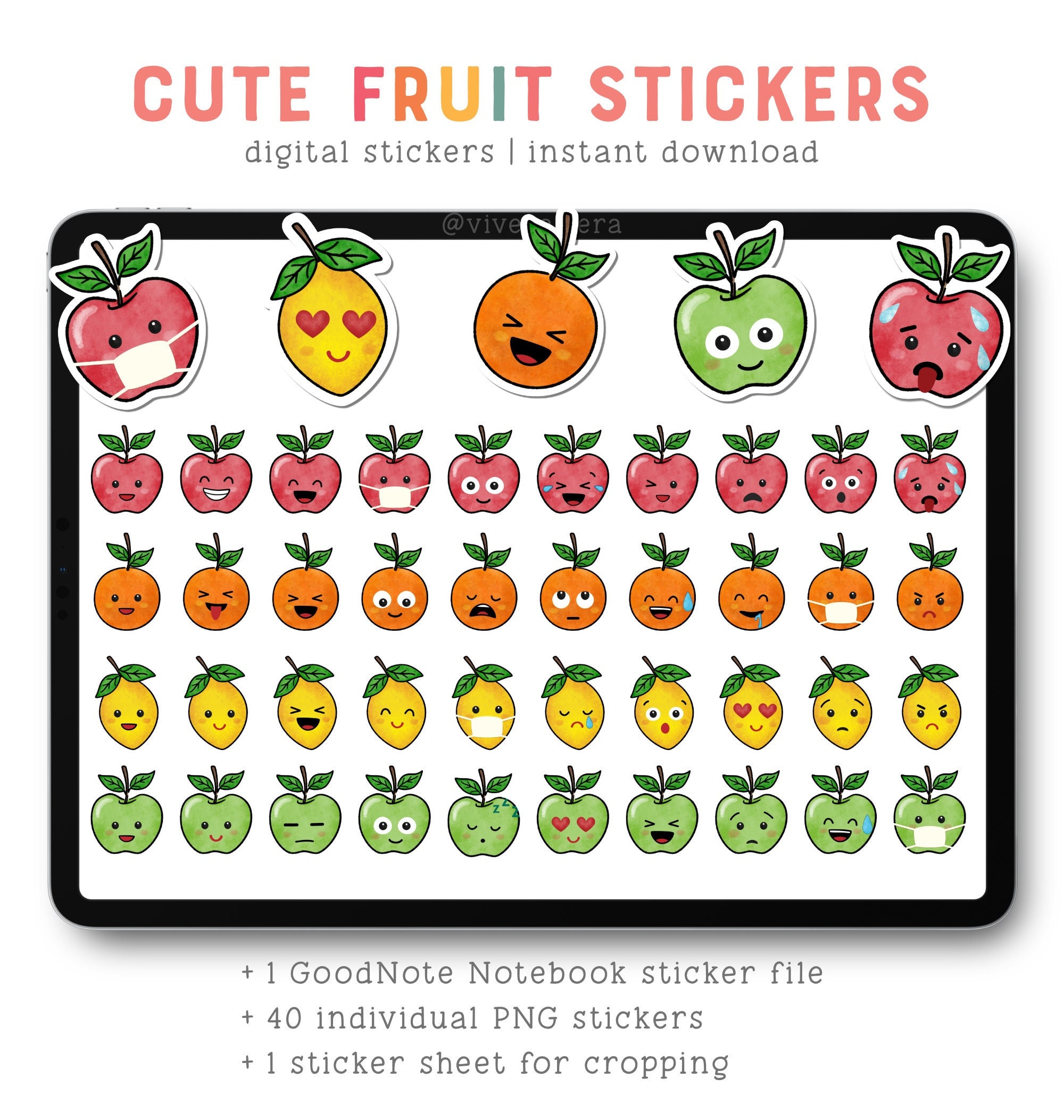 Digital Stickers - Cute Fruit Stickers With Emotions - Goodnotes | PNG ...