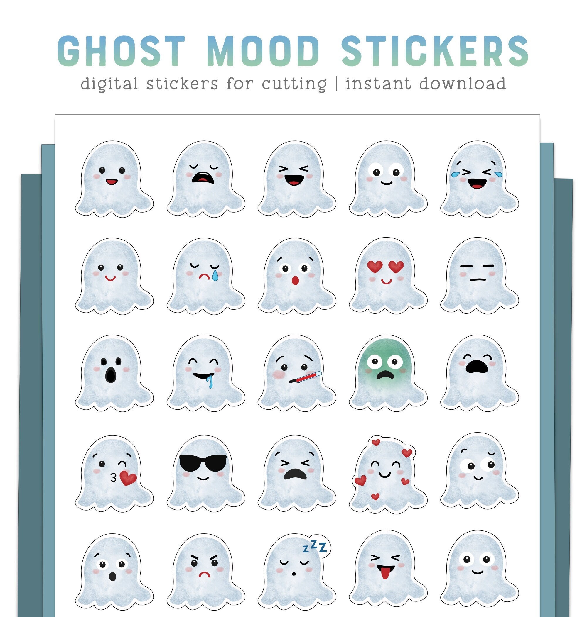 Cute Ghost Mood Emoji Printable Stickers for Cricut or Silhouette | SVG ...
