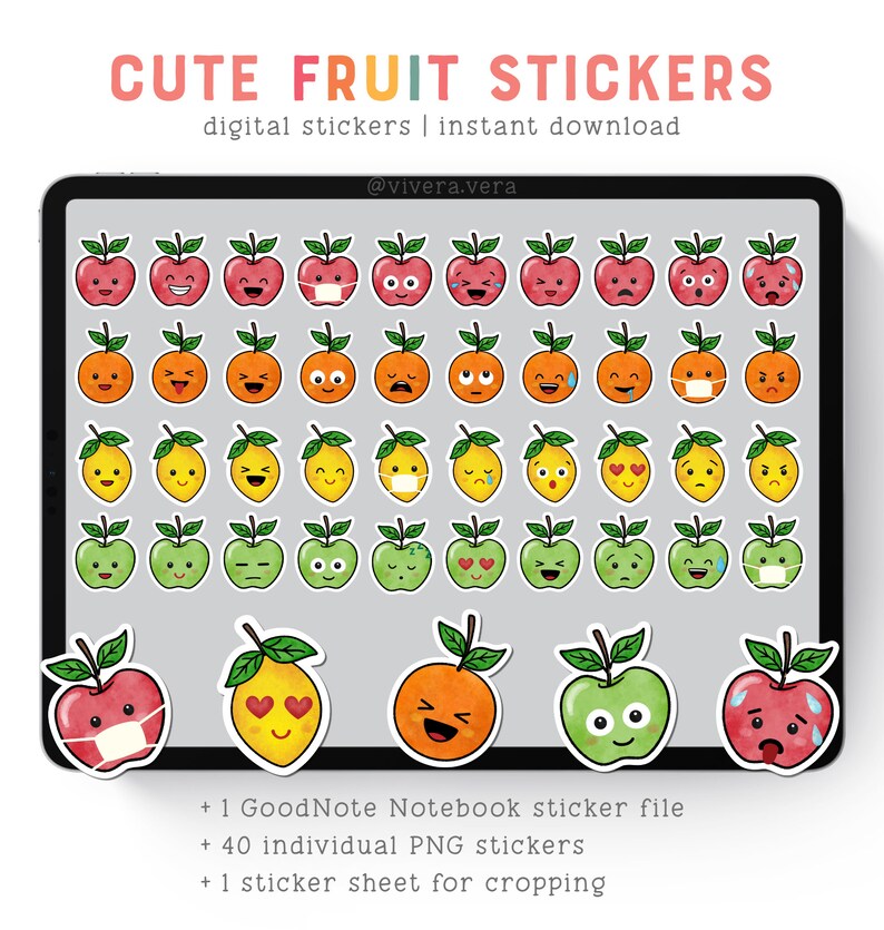 Digital Stickers - Cute Fruit Stickers With Emotions - Goodnotes | PNG ...