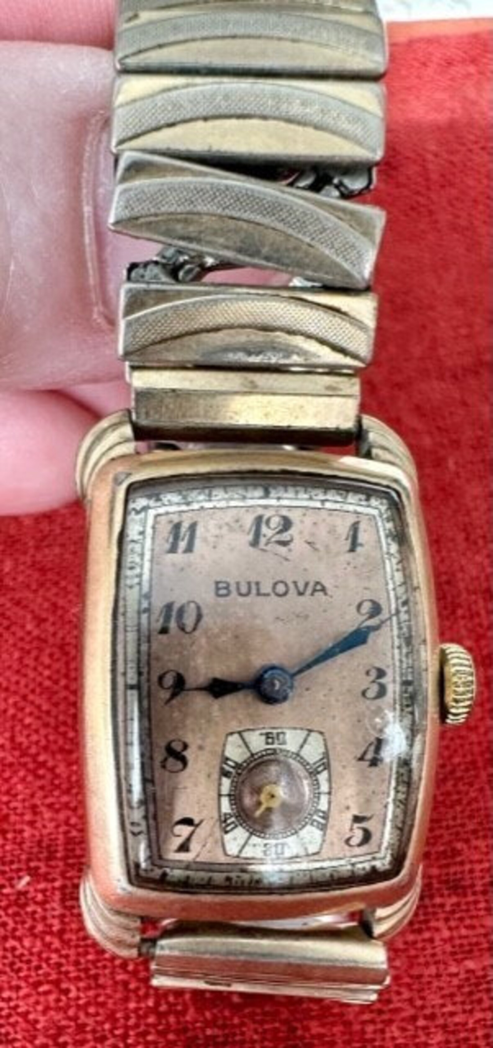 Vintage 1940s Bulova Rectangular Curved Rolled Gold and Stainless Steel ...