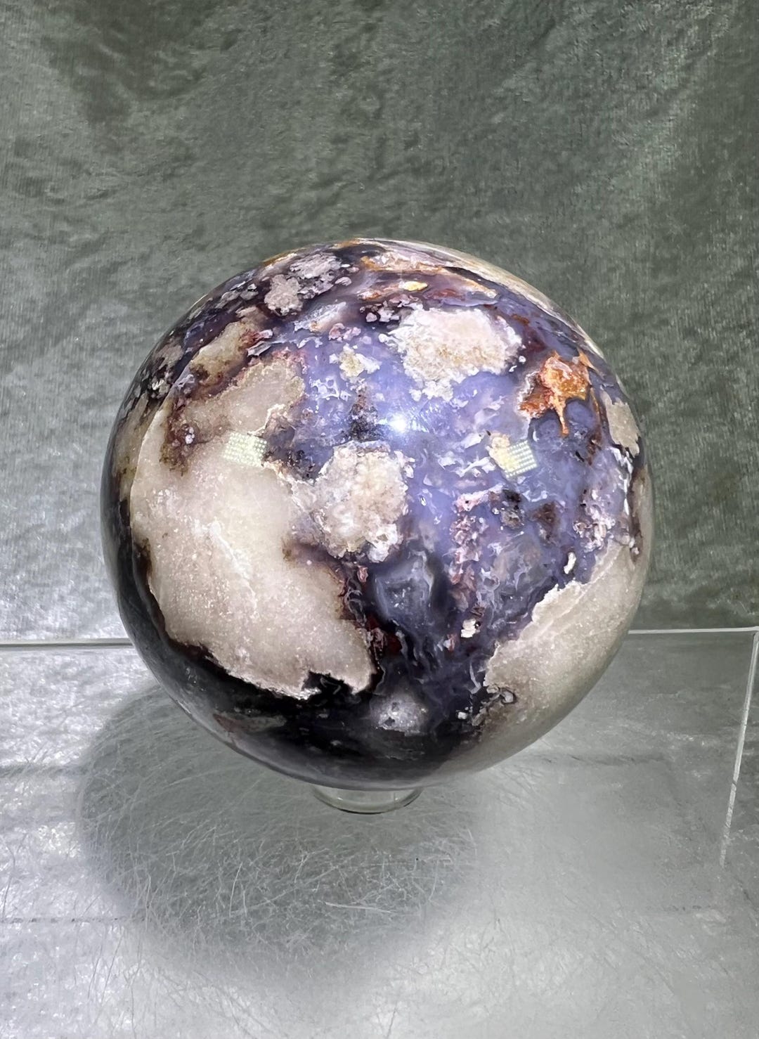 Rare Blue Flower Agate Sphere. 66mm. Stunning Mangano Calcite UV ...