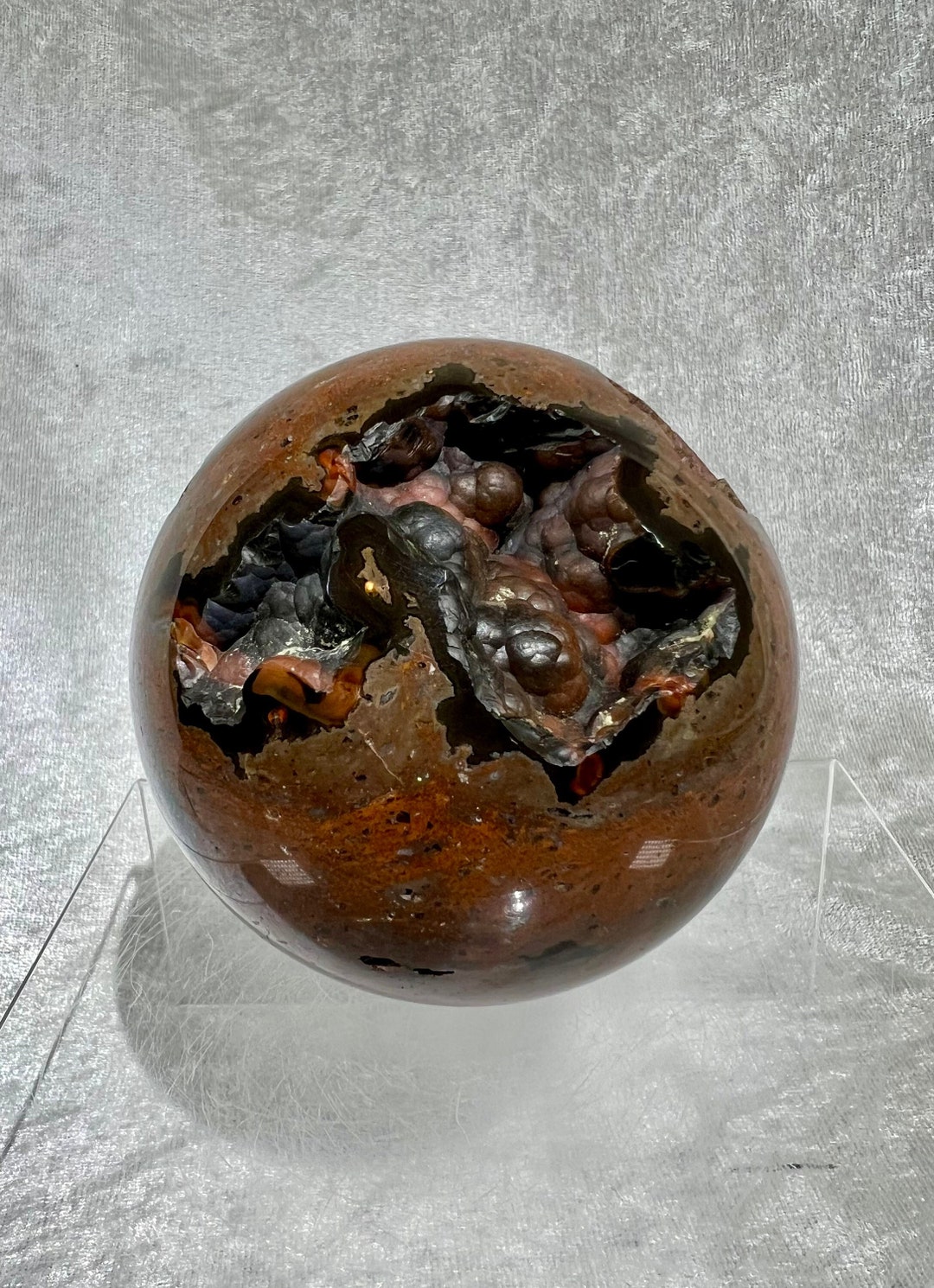 Rare Large Volcanic Red Fox Agate Sphere. 87mm. Crazy Black Botryoidal ...