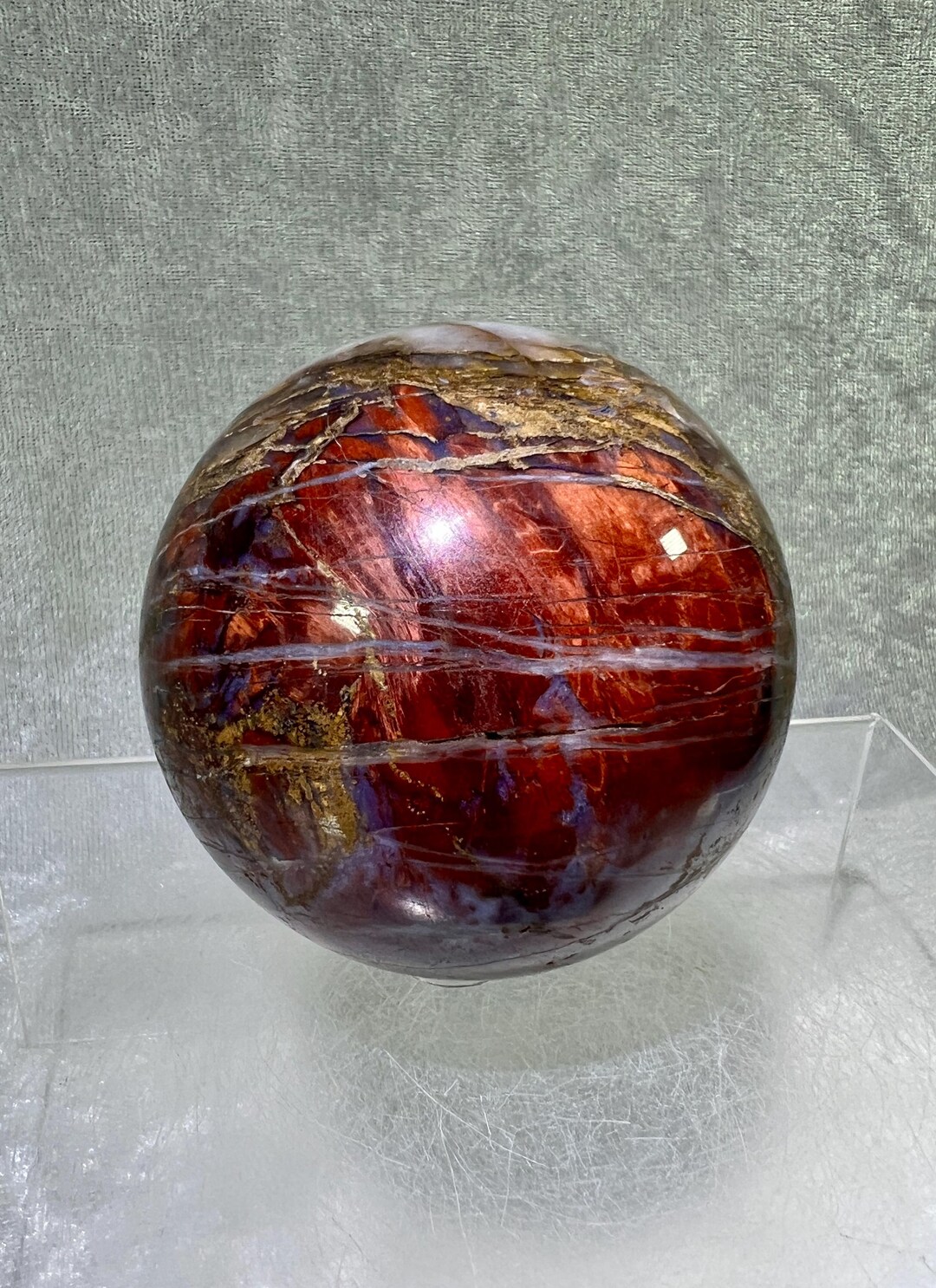 Gorgeous Large Red Pietersite Sphere. 69mm. Amazing Deep and Flashy Red. Stunning Colors and ...