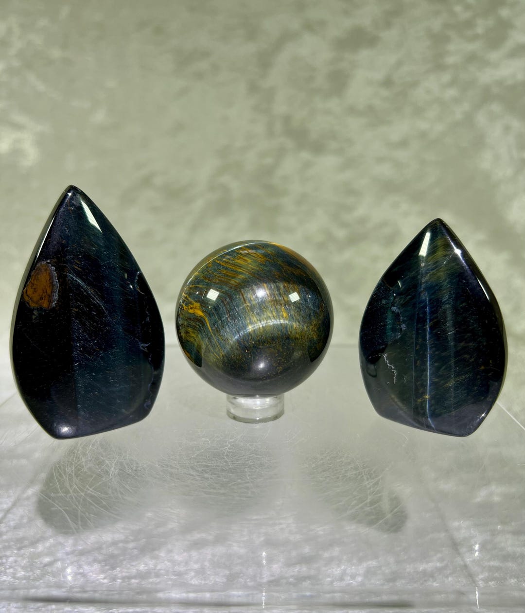 Beautiful Set of Blue Tigers Eye Sphere and Flames. Amazing Hawks Eye ...
