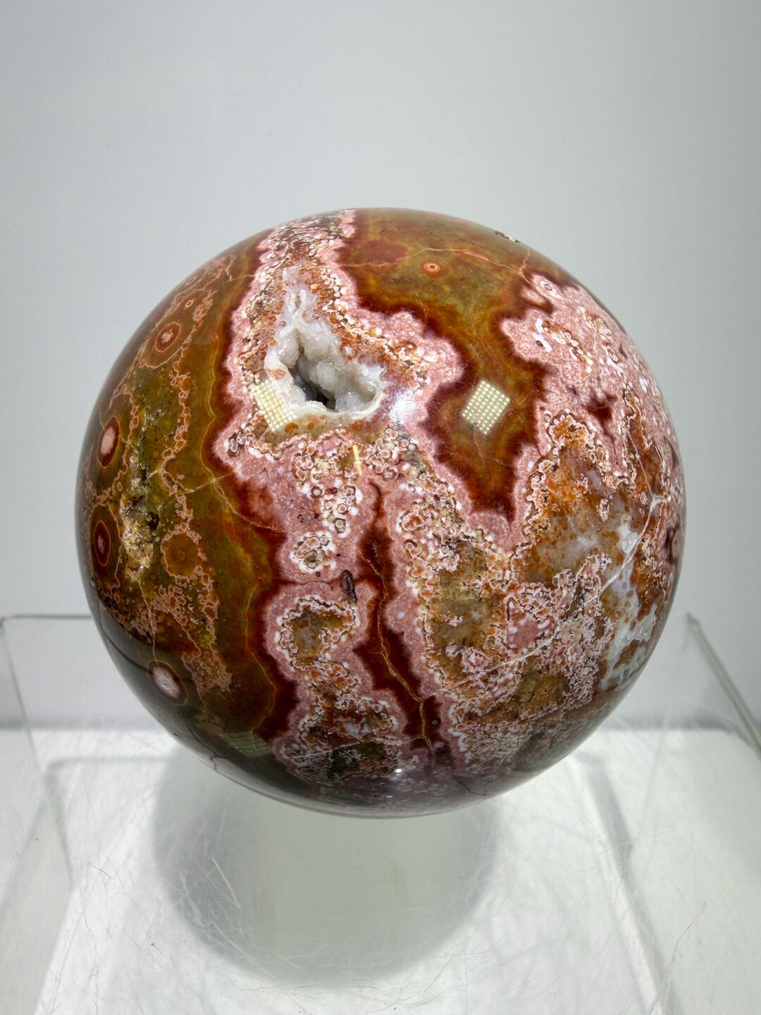 Rare Druzy Ocean Jasper Sphere: 66mm Very Rare Red and Pink Ocean ...