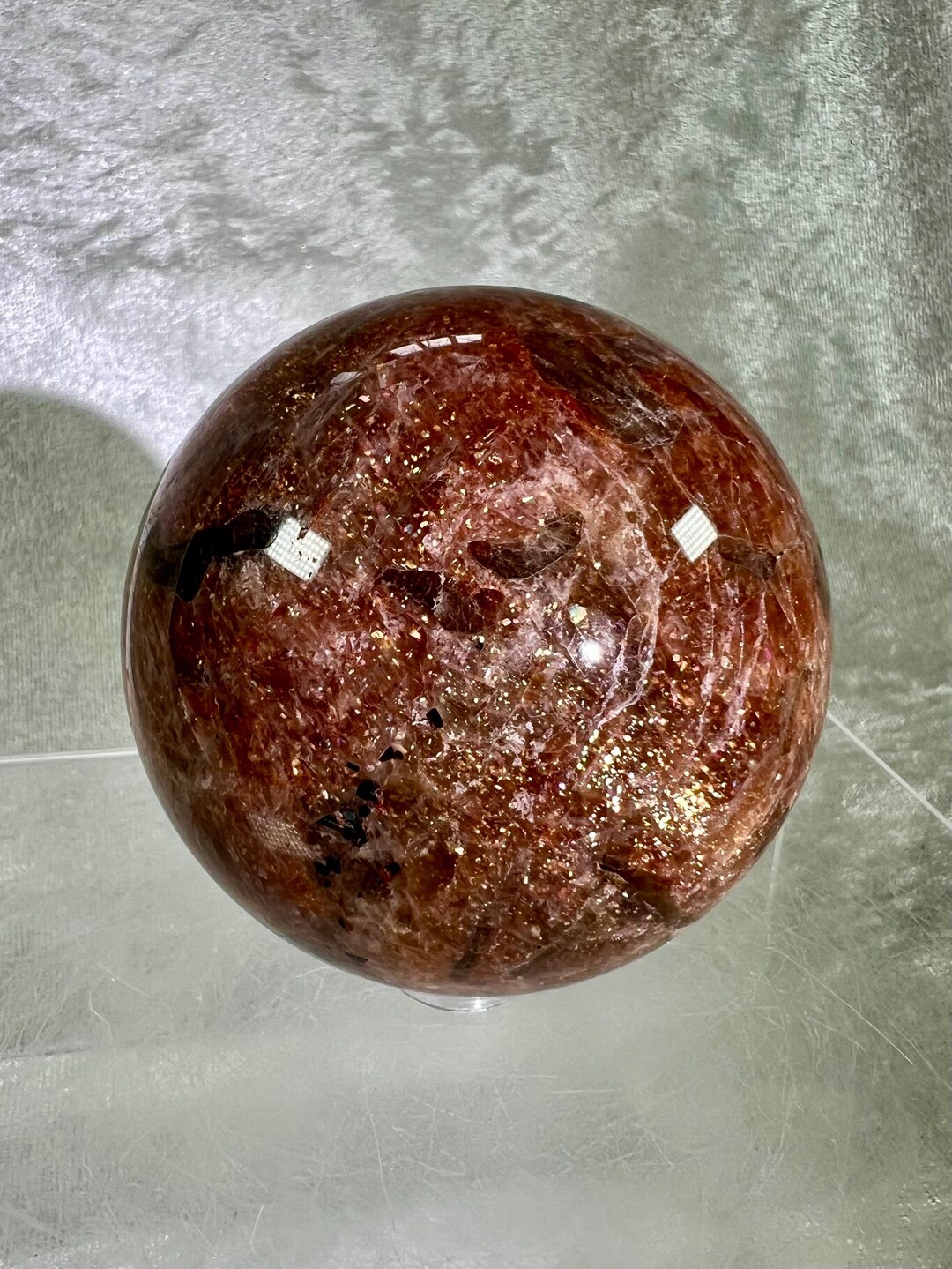 High Quality Golden Sunstone Crystal Sphere. 69mm. Excellent Rainbow Flash on This Confetti ...