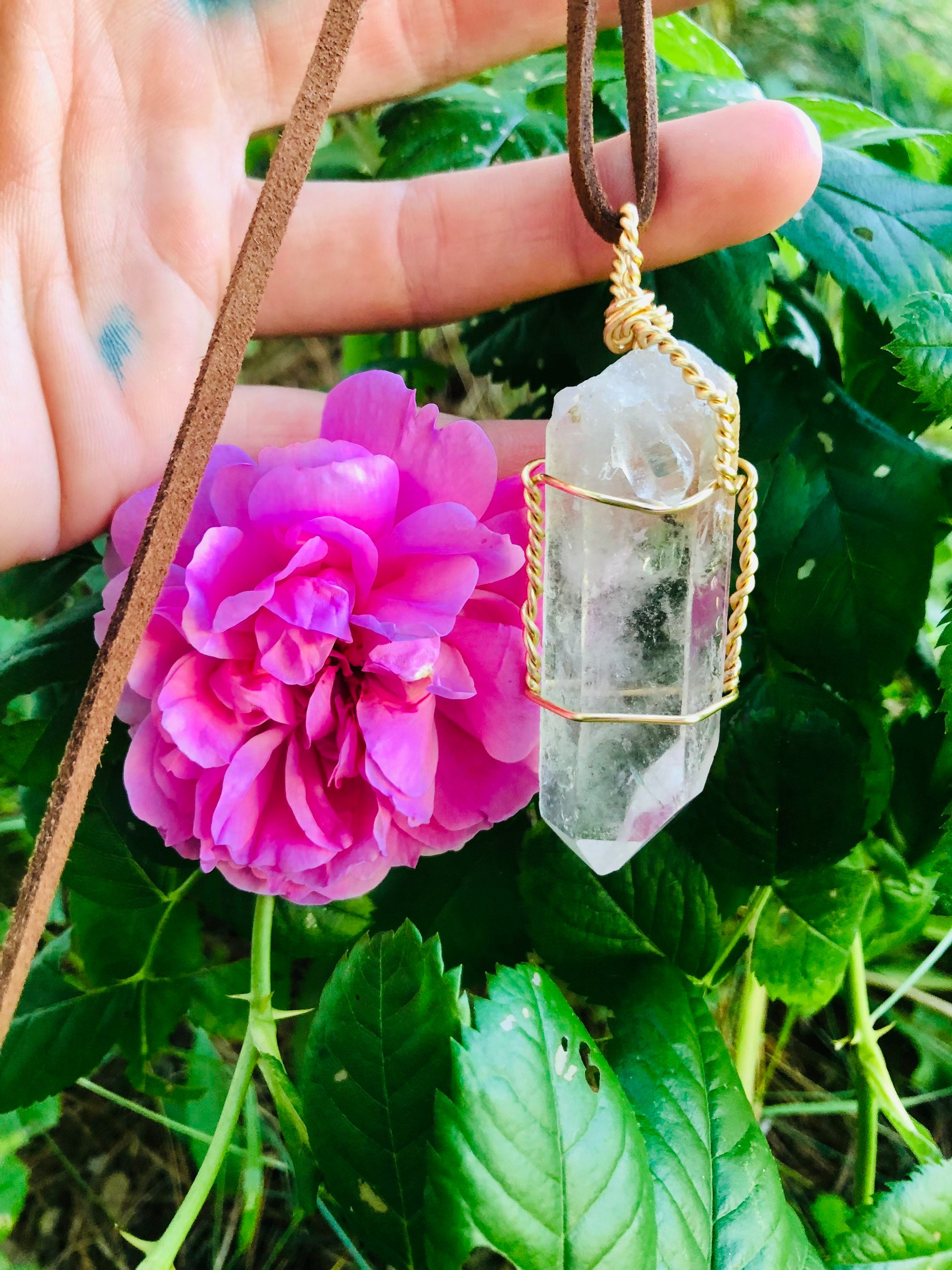 Large RAW quartz crystal necklace on adjustable vegan leather | Etsy