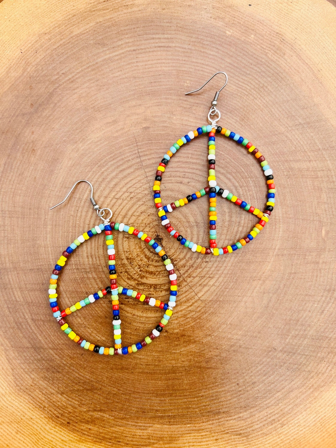 Peace Sign Earrings, Rainbow Beaded Dangle Earrings, Boho Hippie Hoop ...